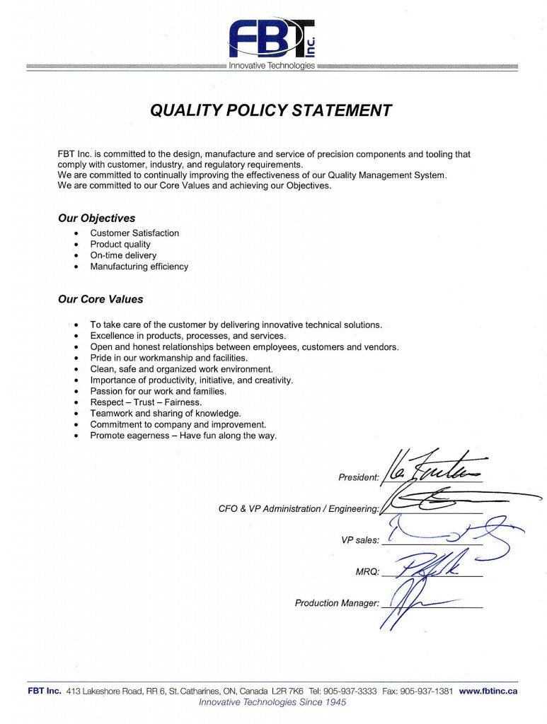 Quality Policy | FBT Inc.